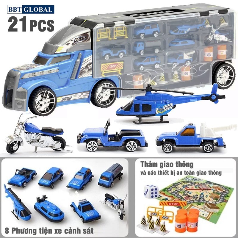 Xe mô hình container 4 tầng 21 chi tiết chở xe con kim loại và thảm chơi cho bé LA-015C