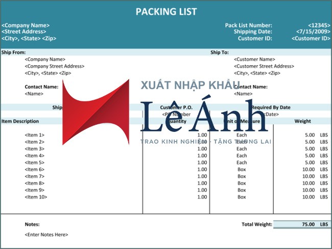 Packing List - Phiếu đóng gói