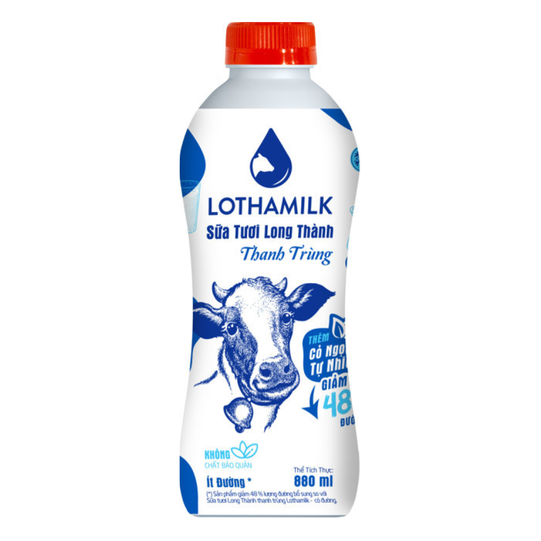 Sữa Tươi Long Thành Thanh Trùng Ít Đường, Pasteurized Fresh Milk, Less Sugar (880ml) - LOTHAMILK