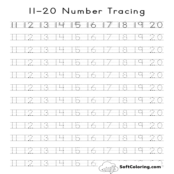 Number Tracing Worksheet 11-20 Coloring Page | Softcoloring