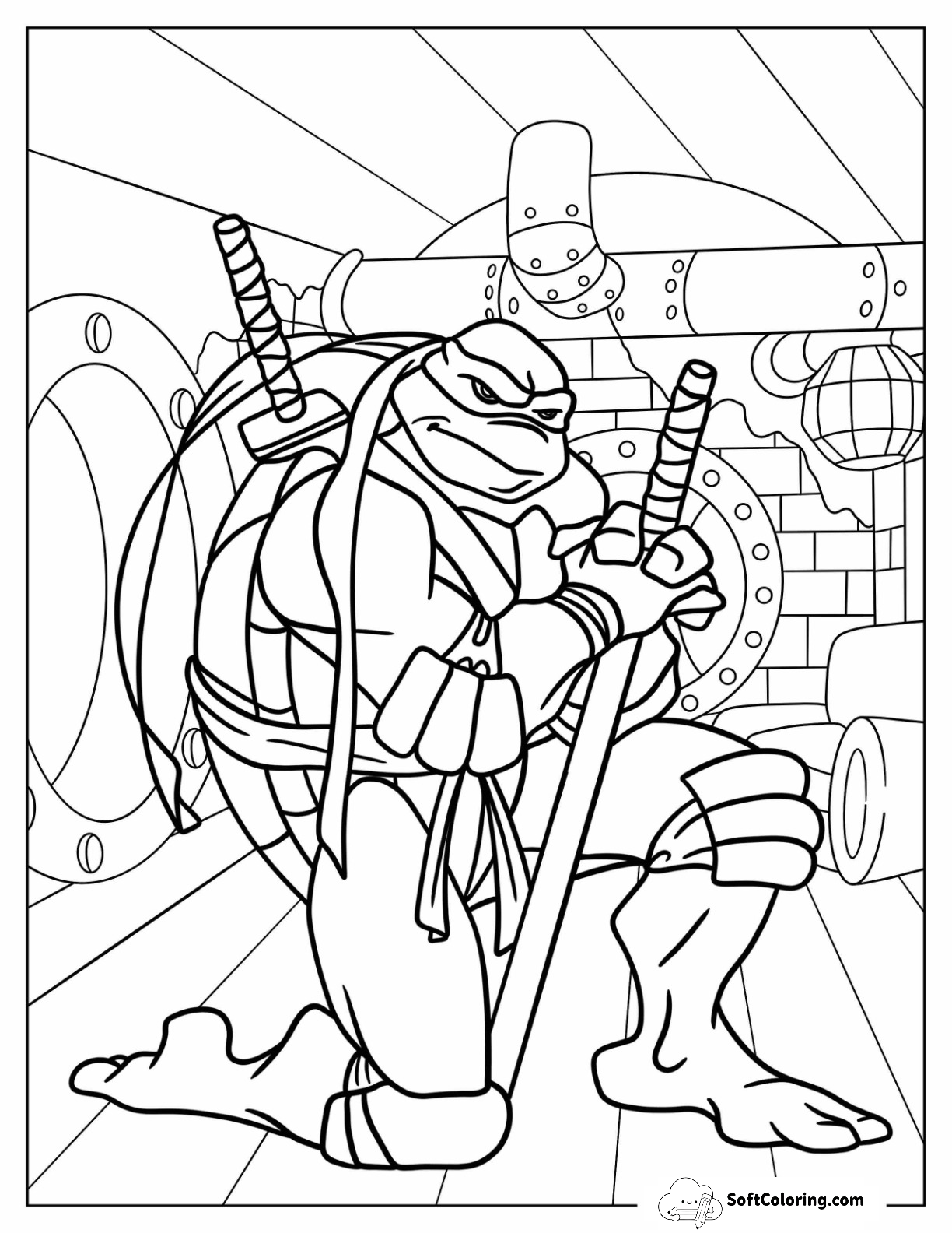 Ninja Turtles Coloring Page Of Leonardo Kneeling On Groun...