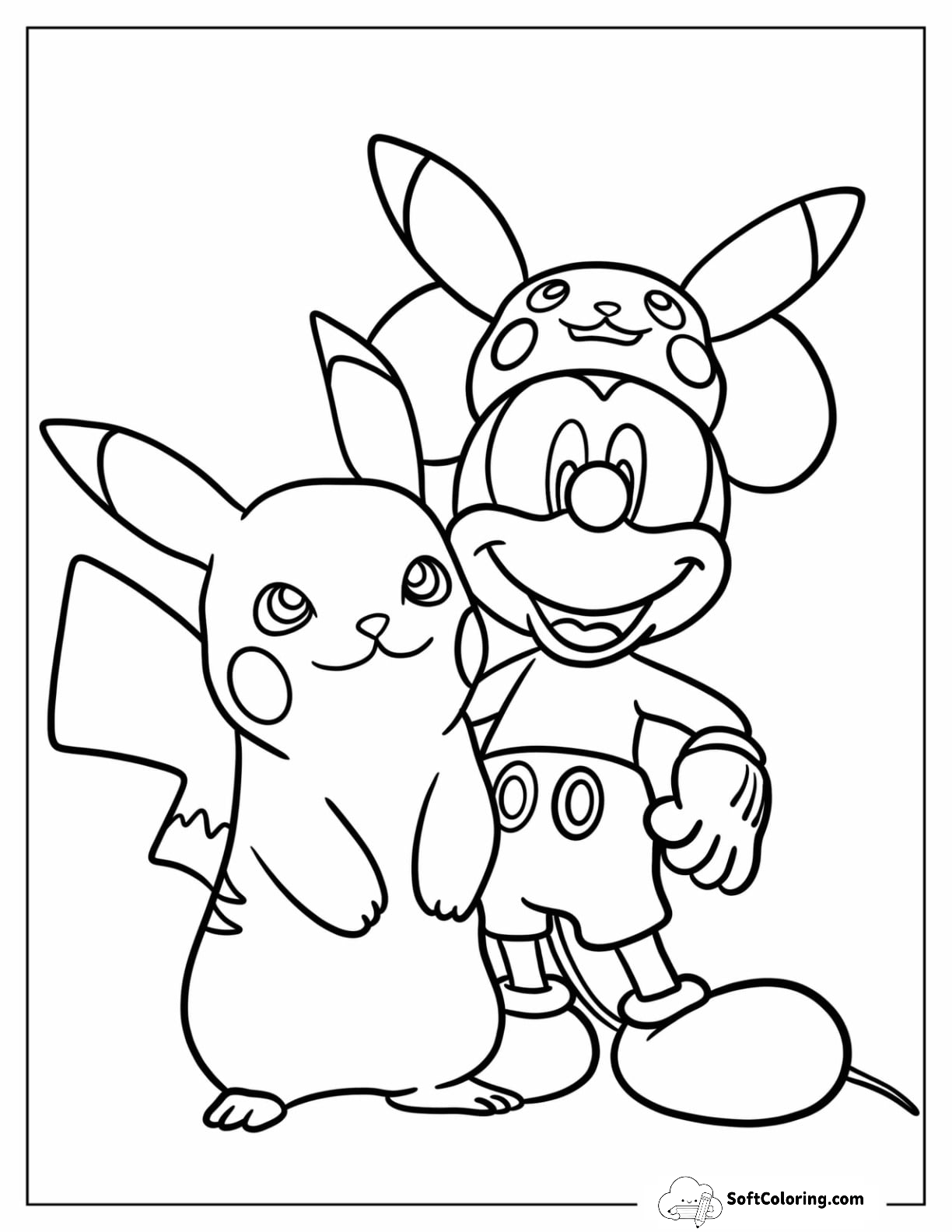Simple Pikachu With Mickey Mouse Coloring Page For Kids