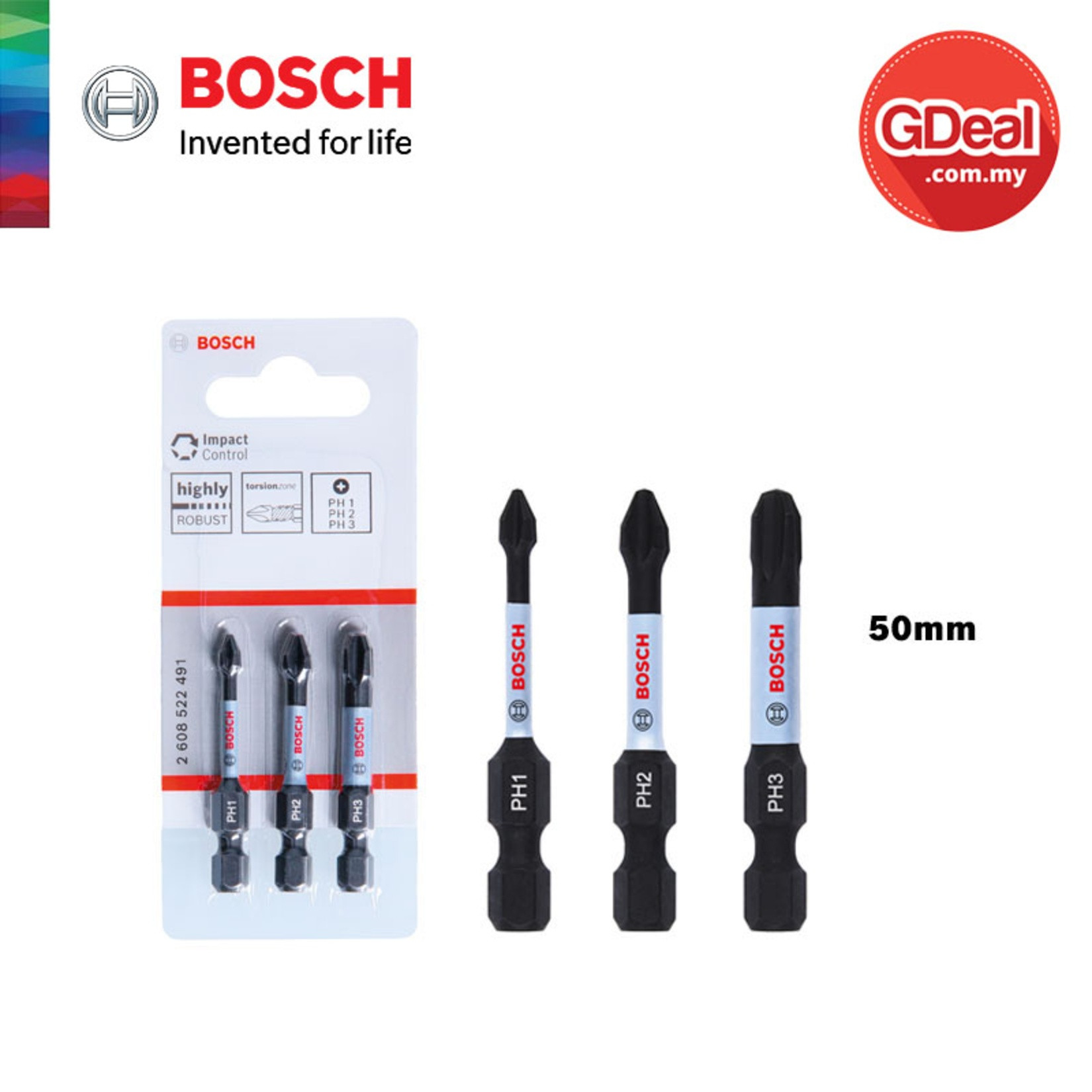 Bộ 3 đầu vặn vít Impact Control Bosch 2608522491 50mm (PH1, PH2, PH3 ...