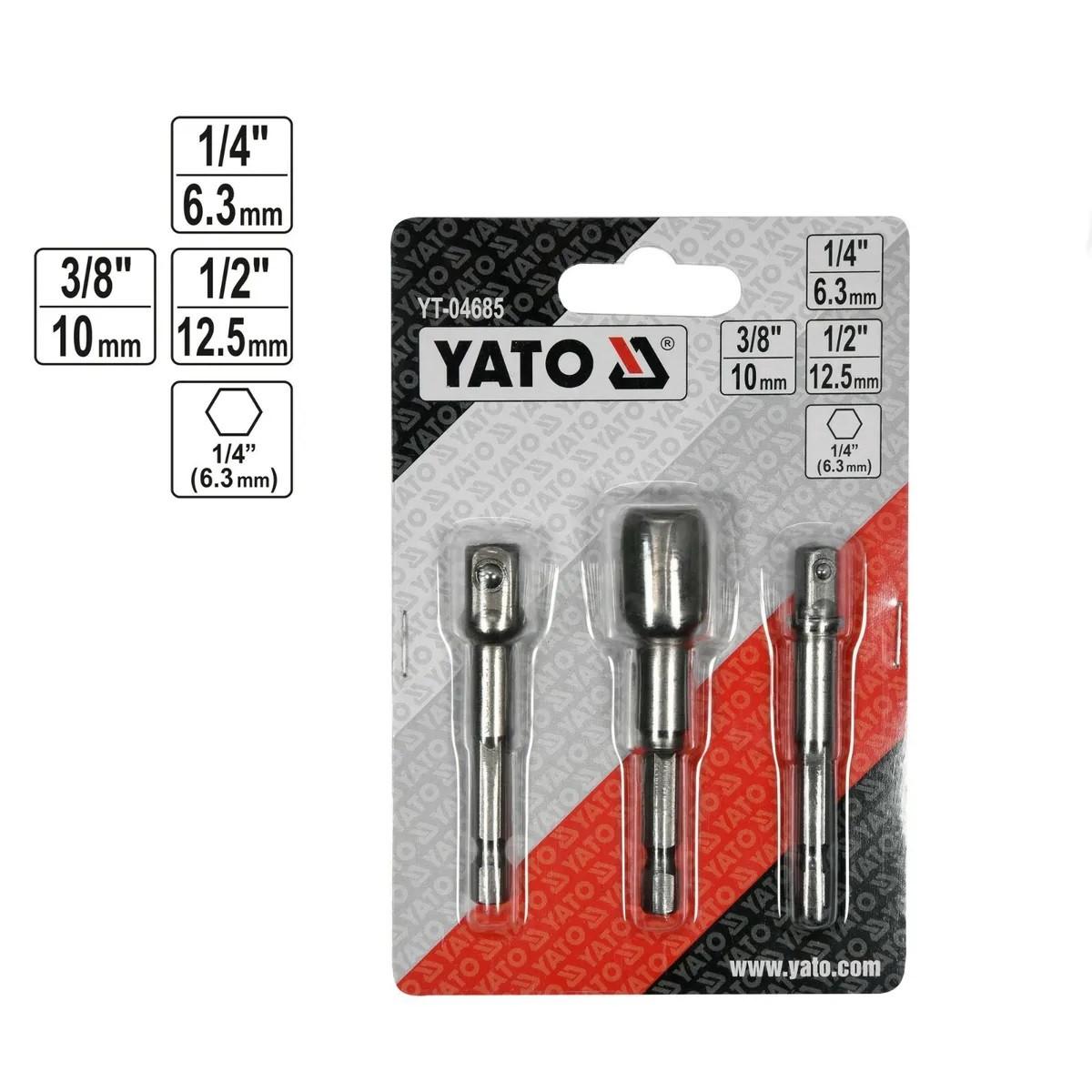 Bộ đầu vít chuyển đổi Yato YT-04685 3 chi tiết 1/4", 3/8", 1/2" chính ...